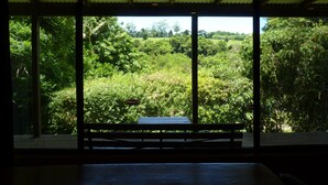 Quarto com uma grande janela com vista para uma paisagem verdejante.