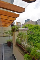 Um jardim no terraço com plantas em vasos e uma pérgula de madeira.