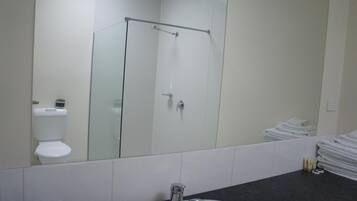 Casa de banho com cabine de chuveiro em vidro, sanita branca, lavatório com torneira e espelho a refletir toalhas.
