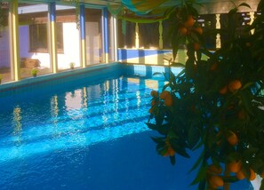 Piscina interna, guarda-sóis, espreguiçadeiras