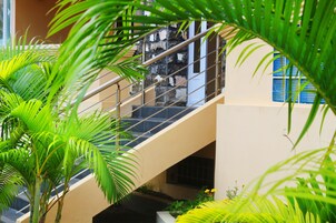 Uma escadaria com corrimão de metal, rodeada por exuberantes plantas de palmeira.