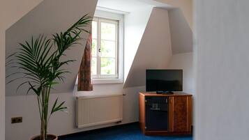 Quarto com uma planta grande em vaso, janela com vista, radiador e TV sobre um armário de madeira.
