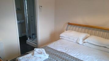 Quarto de hotel com cama, chuveiro e vaso sanitário.