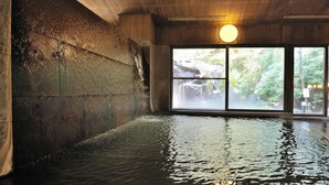 Piscina interior com teto de madeira e grandes janelas com vista para uma cascata.