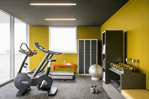 Uma academia com equipamentos de ginástica, um banco vermelho, uma bola de exercícios grande e uma prateleira fixada na parede com halteres.
