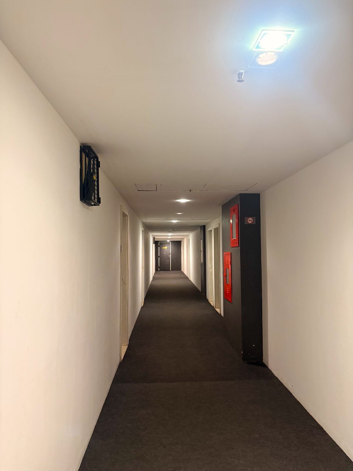 Um corredor longo e estreito com piso coberto de carpete, paredes brancas e uma luminária no teto.