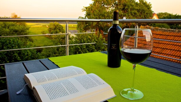 Um livro, uma garrafa de vinho e um copo de vinho tinto sobre uma mesa com um tapete verde, com vista para um jardim e edifícios.