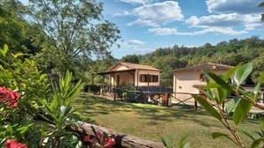 Cenário rural com duas casas pequenas, rodeadas por vegetação exuberante e um céu límpido.