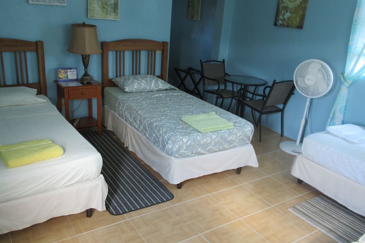 Quarto com duas camas, uma escrivaninha, uma cadeira e um ventilador.