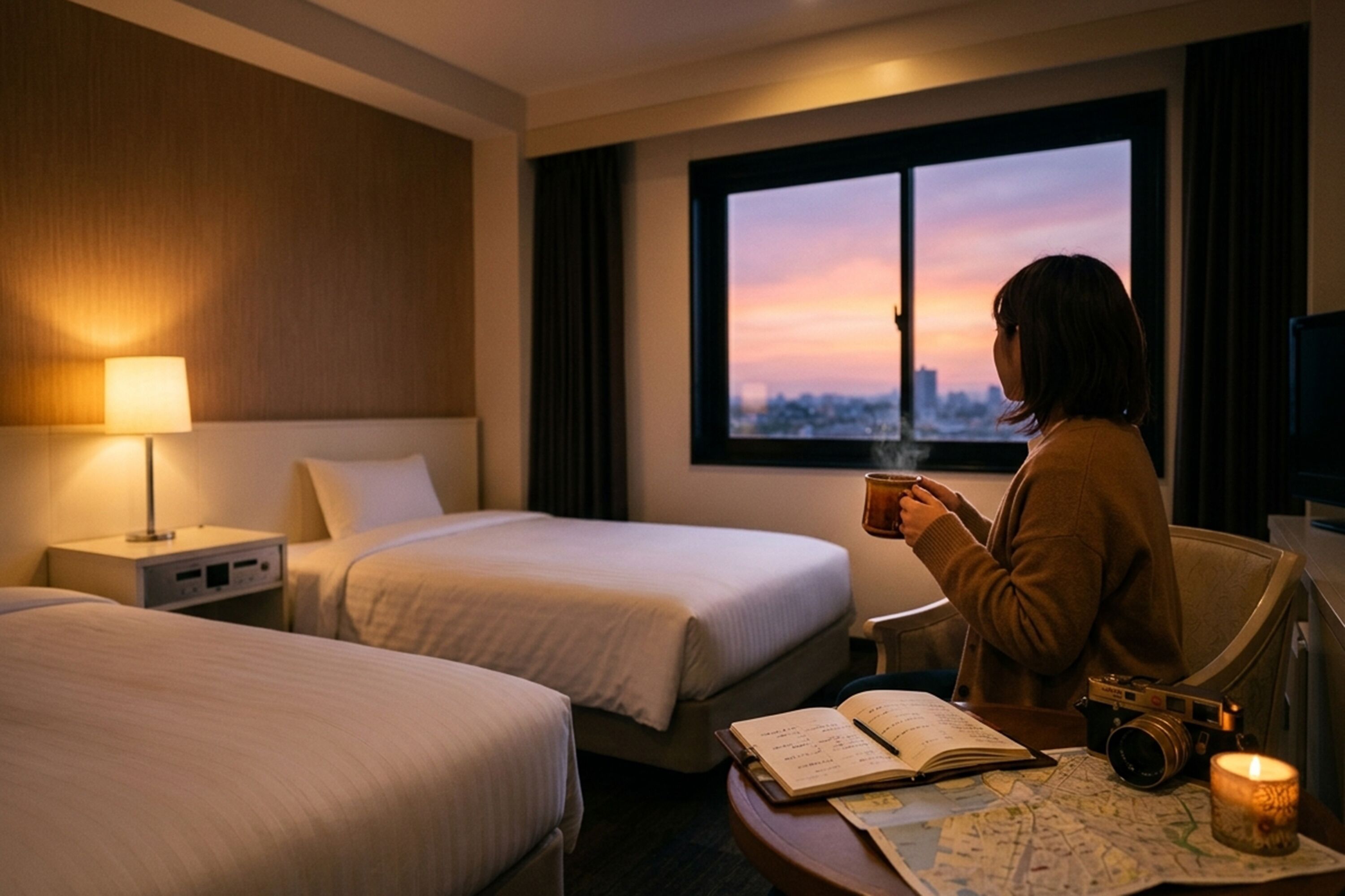 Quarto de hotel com duas camas, uma escrivaninha com um mapa e um livro, uma luminária e vista para um pôr do sol através de uma janela.