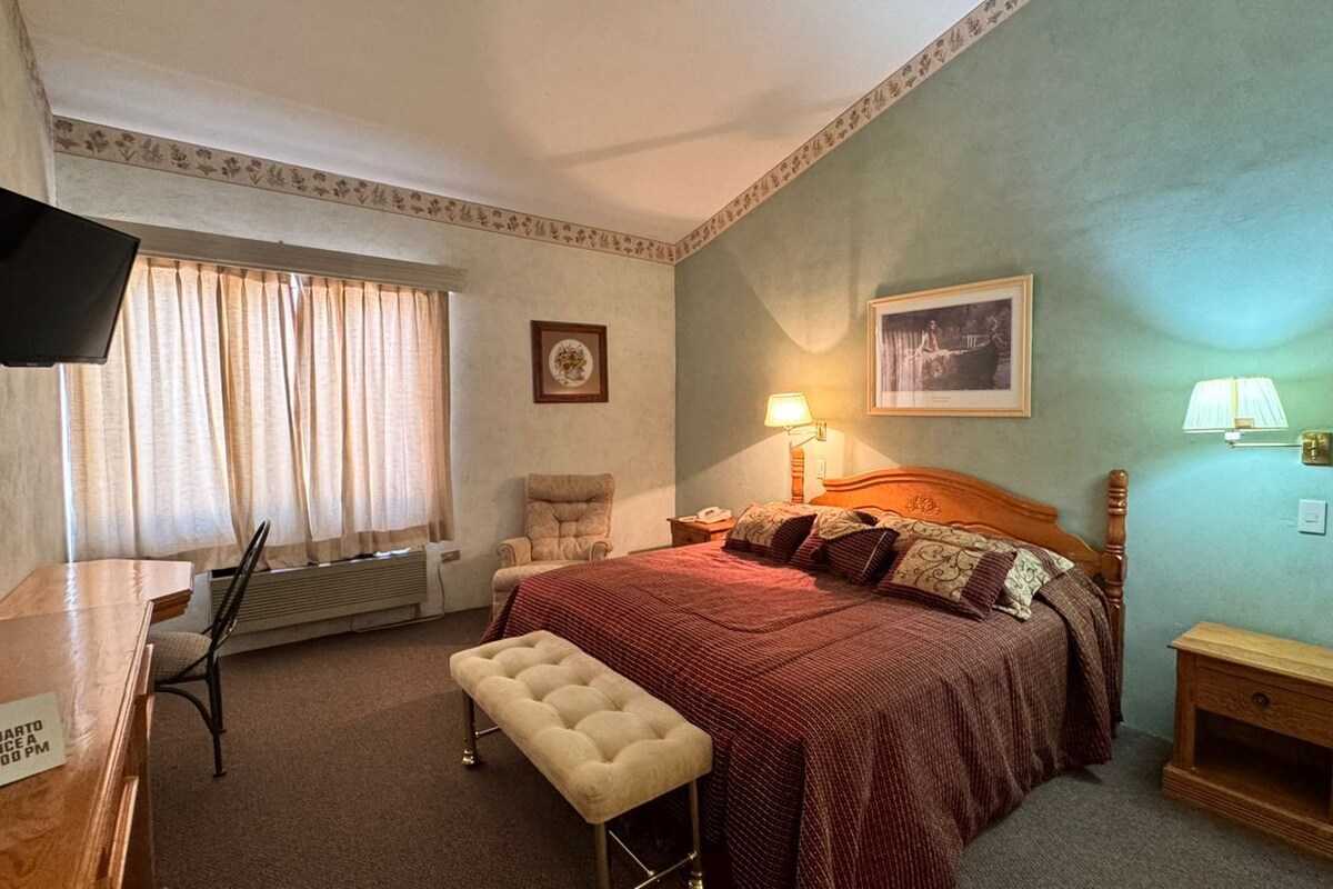 Quarto de hotel com cama, cadeira, escrivaninha, luminária e televisão.
