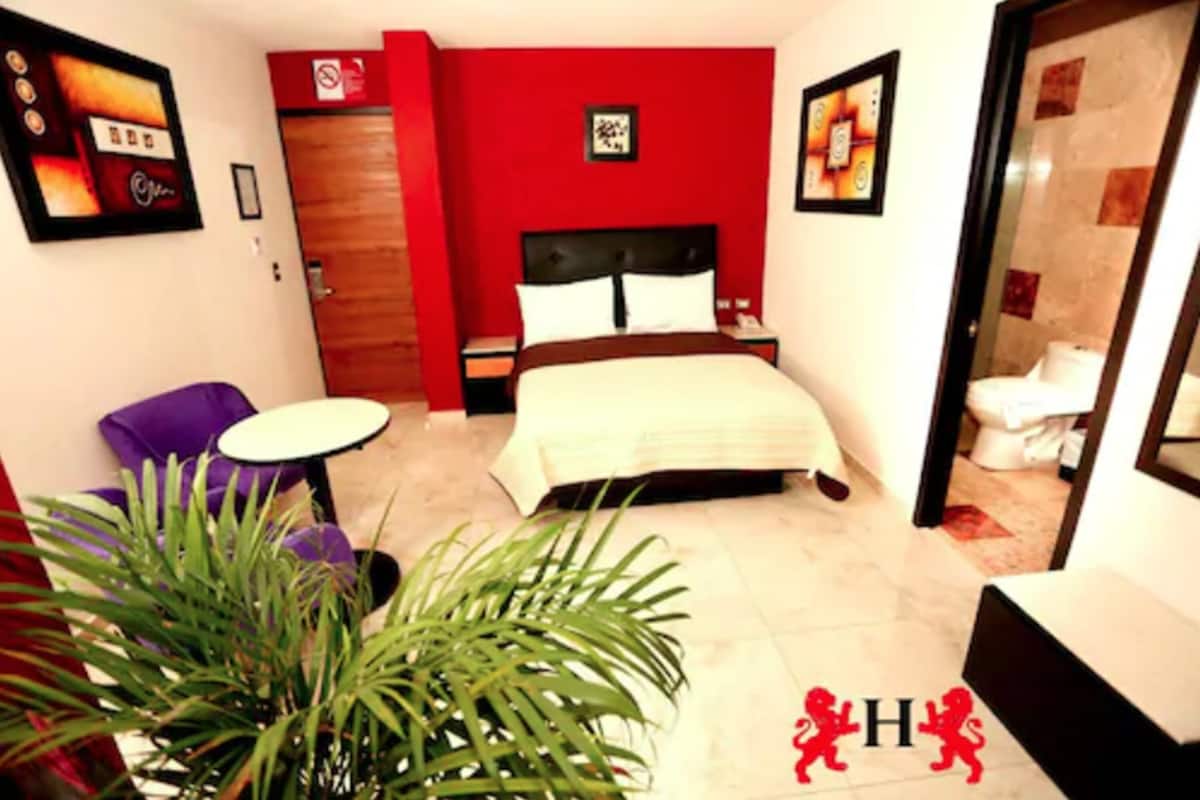 Quarto de hotel com cama, uma pequena mesa, cadeira e planta em vaso.