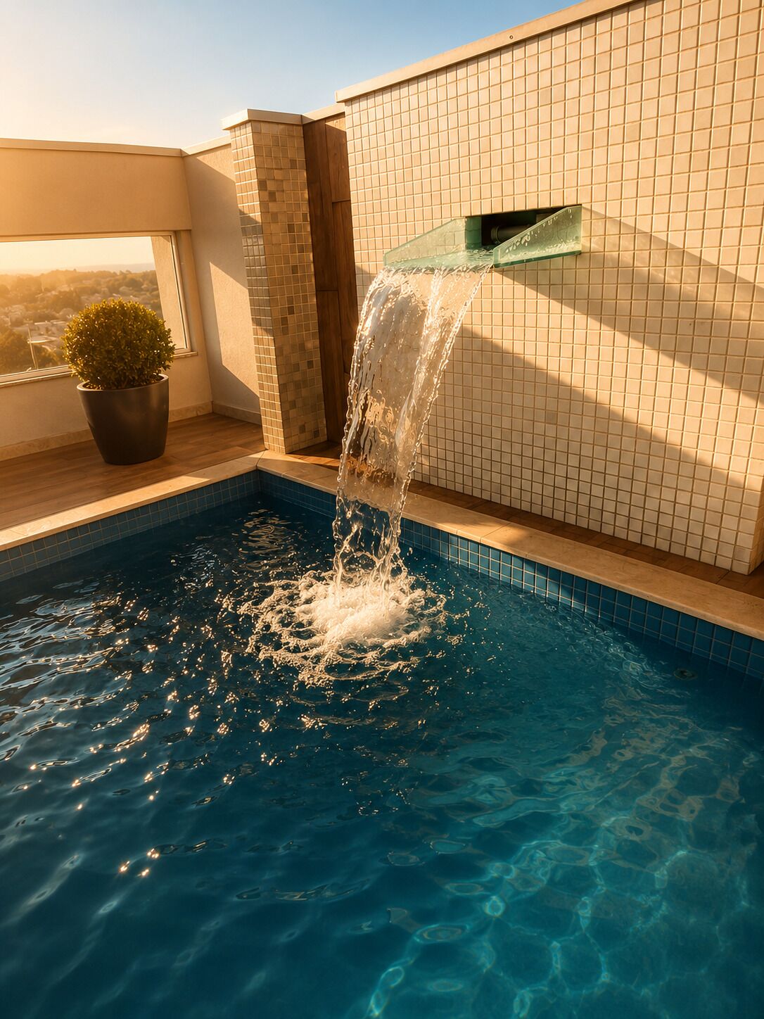 Piscina externa, guarda-sóis, espreguiçadeiras