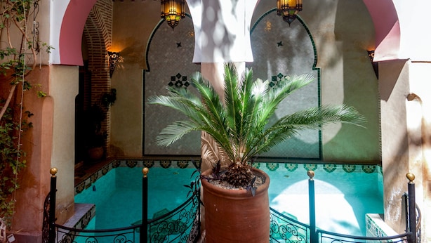 Um pátio com piscina azulejada, arcos e um vaso de planta.