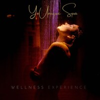 A person in a spa setting with a waterfall feature, titled "Yo Unique Spa" and "Wellness Experience".