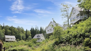 Um bairro residencial com casas cercadas por vegetação exuberante e um céu claro.