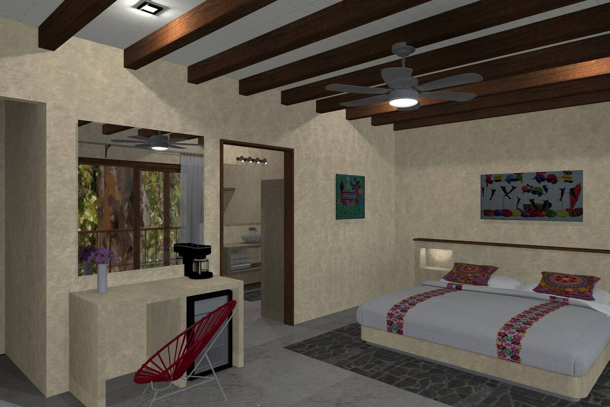 Quarto com cama, ventilador de teto, janela com cortinas, espelho e obra de arte na parede.