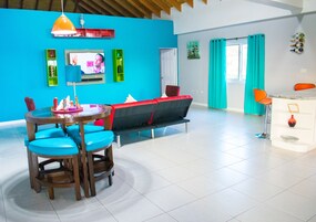 Apartamento Superior, 1 cama king-size, cozinha, no canto | Sala de estar | Televisor de ecrã plano de 50 polegadas com canais por cabo, televisor