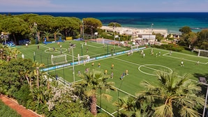 Um campo de futebol com balizas, rodeado por palmeiras e vista para o oceano.