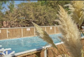 Uma piscina com cerca de madeira e grama-baiana em primeiro plano.