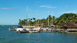 Uma marina com barcos atracados, uma construção com telhado de palha e palmeiras ao fundo.