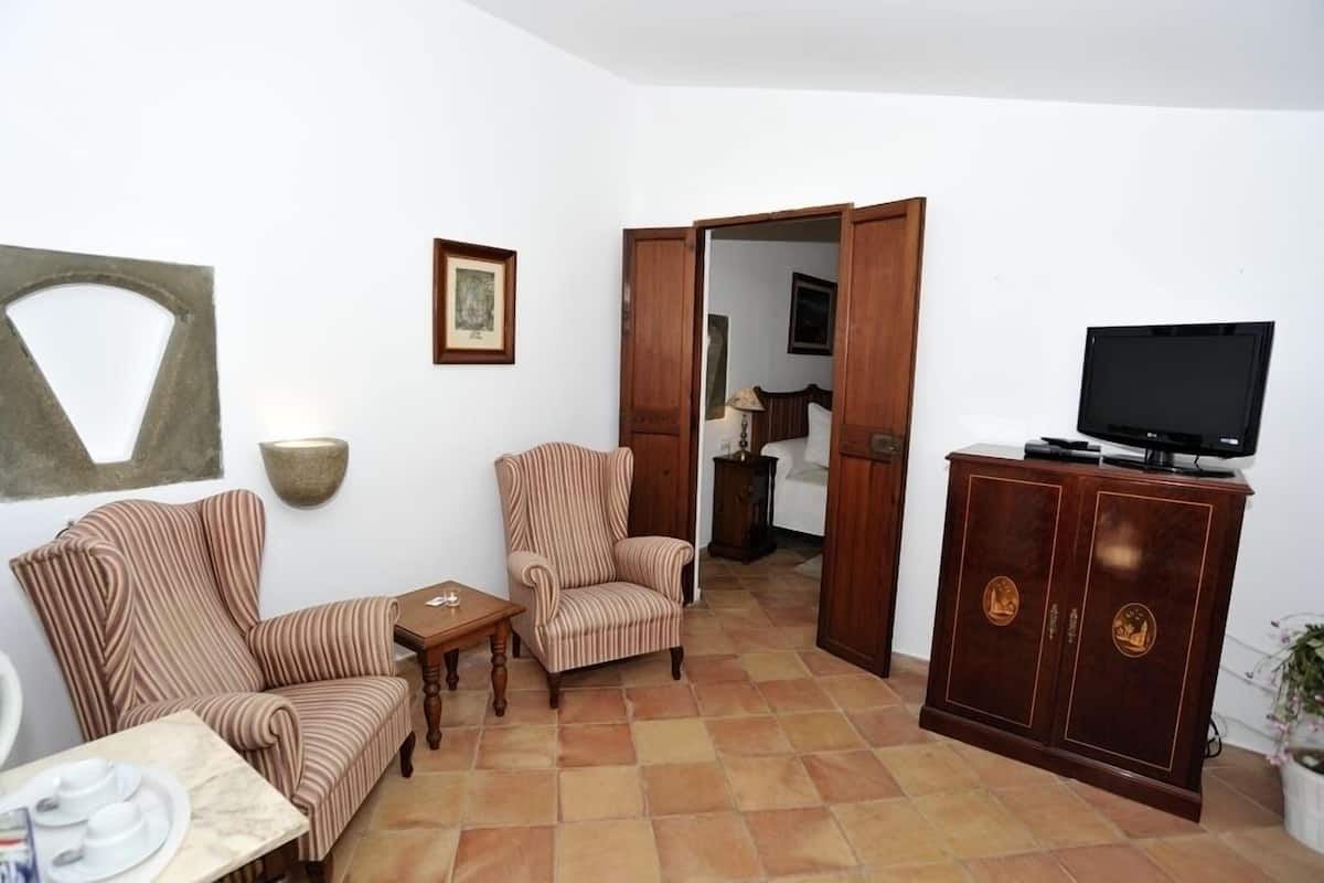 Suíte júnior, acessível, vista para o jardim | Sala de estar | TV de tela plana