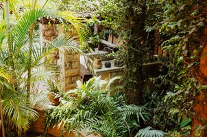 Um jardim interno exuberante com diversas plantas e uma estrutura de pedra.