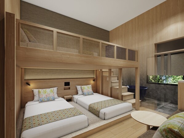 Quarto de hotel moderno com beliche, um pequeno espaço de estar e vista para o verde pela janela.
