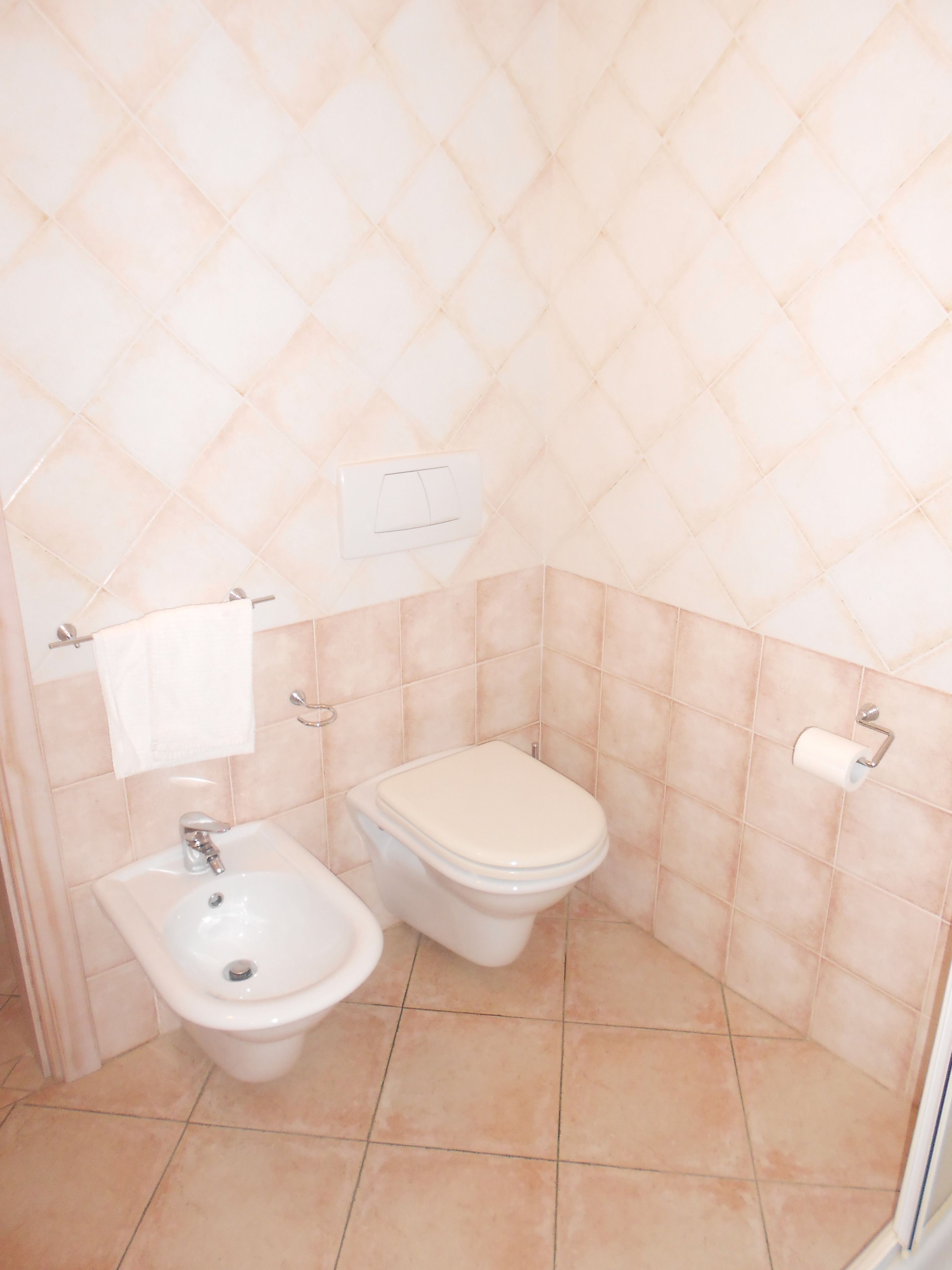 Casa de banho com bidé, sanita e porta-toalhas.