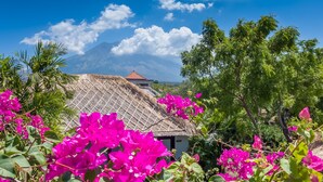 Uma casa com telhado de palha, rodeada por vegetação exuberante e flores rosa vibrantes.
