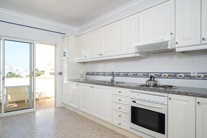 Um frigorífico/congelador grande, um micro-ondas, uma placa de cozinha 