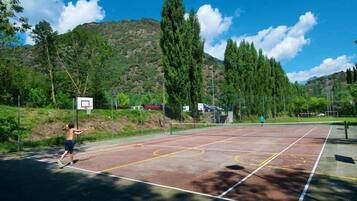 Uma quadra de basquete ao ar livre com uma rede, cercada por árvores e uma montanha ao fundo.