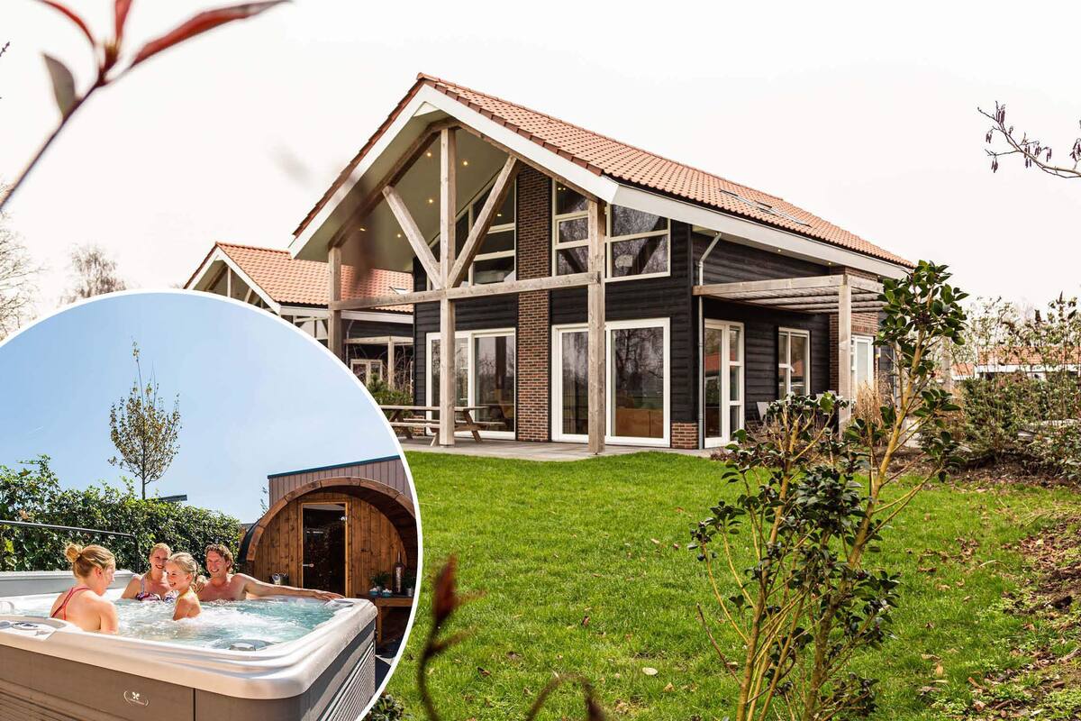 Uma casa moderna com um amplo espaço de varanda e uma banheira de hidromassagem.