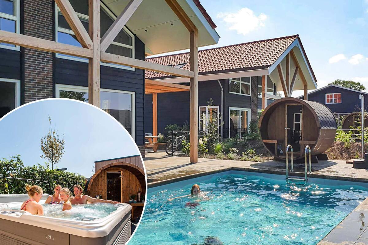 Uma casa moderna com piscina, banheira de hidromassagem e barris de madeira.