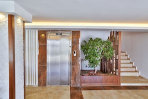 Um elevador com visor digital, escada com corrimão de madeira e um vaso de planta.