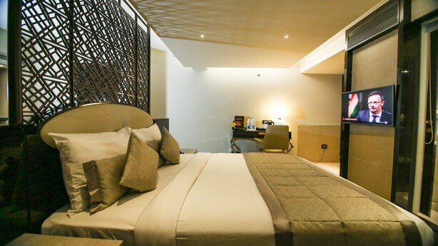 Quarto de hotel com cama, escrivaninha, televisão e um separador decorativo.