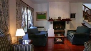 Uma sala de estar aconchegante com sofás listrados, lareira e um quadro na parede.
