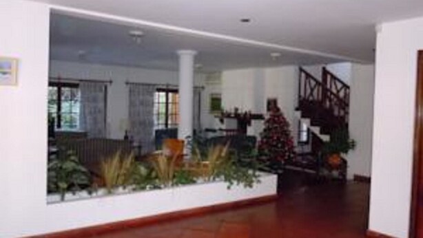 Um corredor amplo com piso de madeira, uma escada e um pinheiro de Natal.