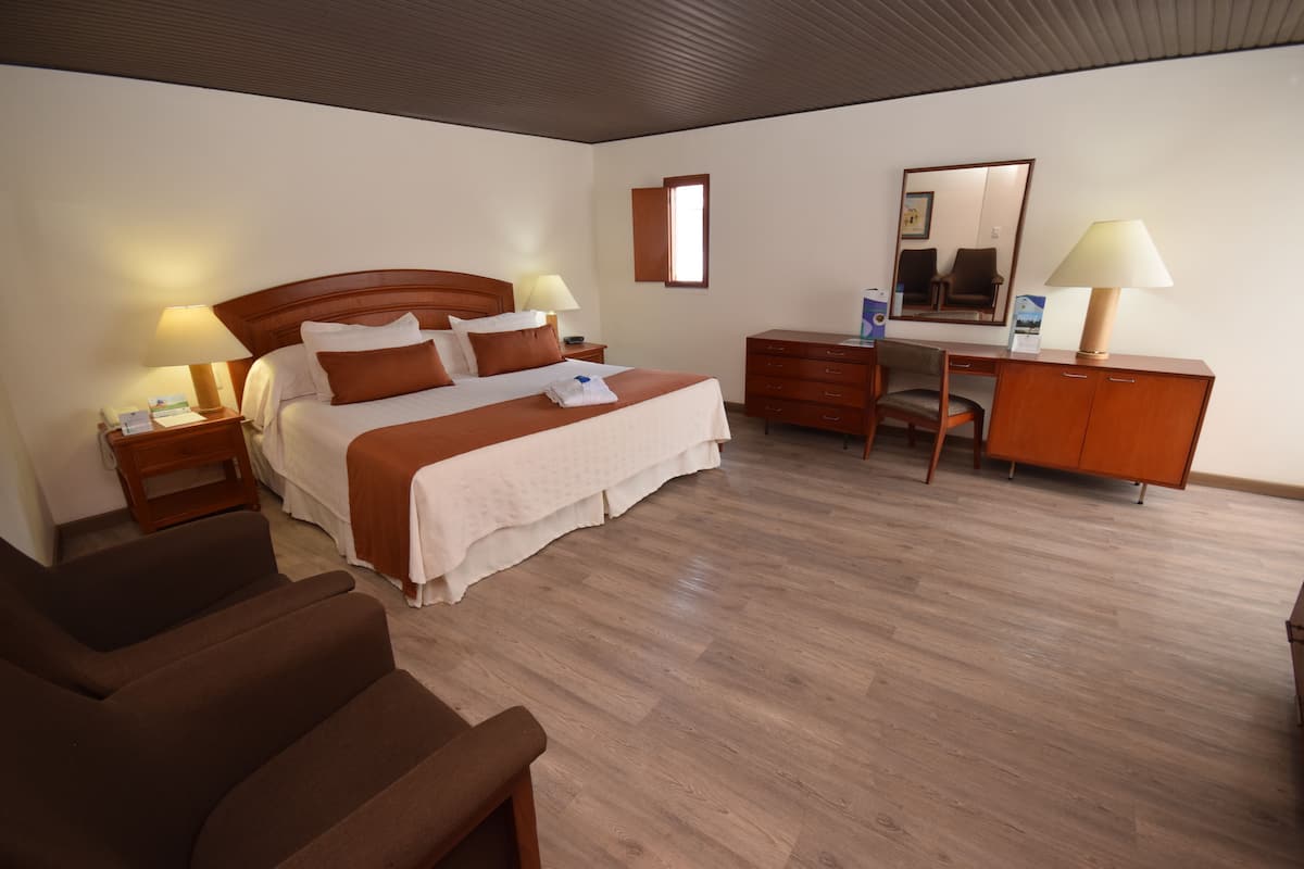 Quarto de hotel com cama, mesas de cabeceira, escrivaninha, cadeira e espelho.