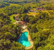 Uma piscina grande cercada por vegetação exuberante, com vários edifícios ao fundo.