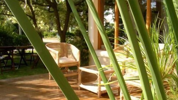 Um deck de madeira com uma cadeira de vime e uma mesa, cercado por folhagem verde.