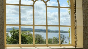 Uma grande janela em arco com vista desobstruída para um lago e vegetação ao redor.