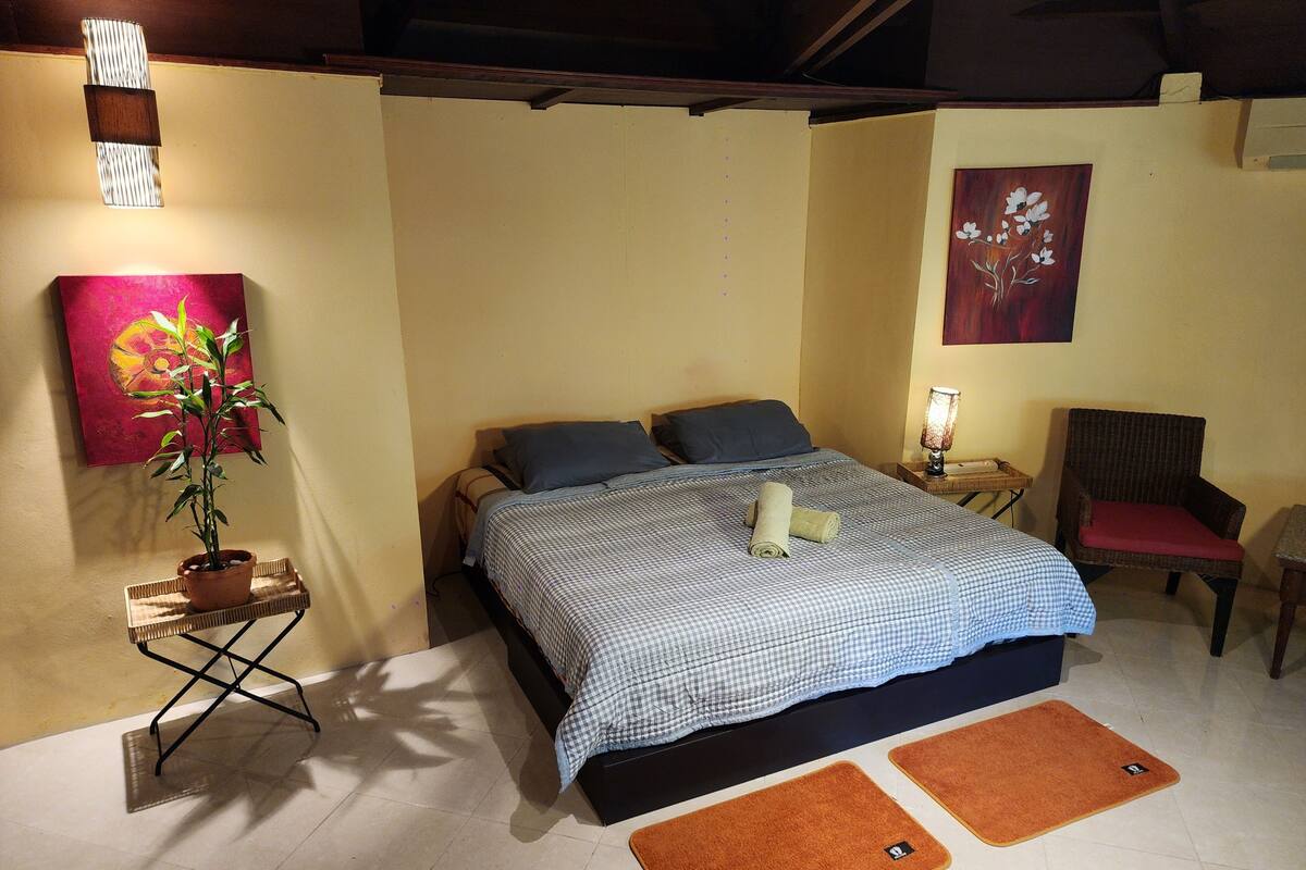 Quarto bem arrumado com cama, mesas de cabeceira, uma cadeira e um vaso de planta.