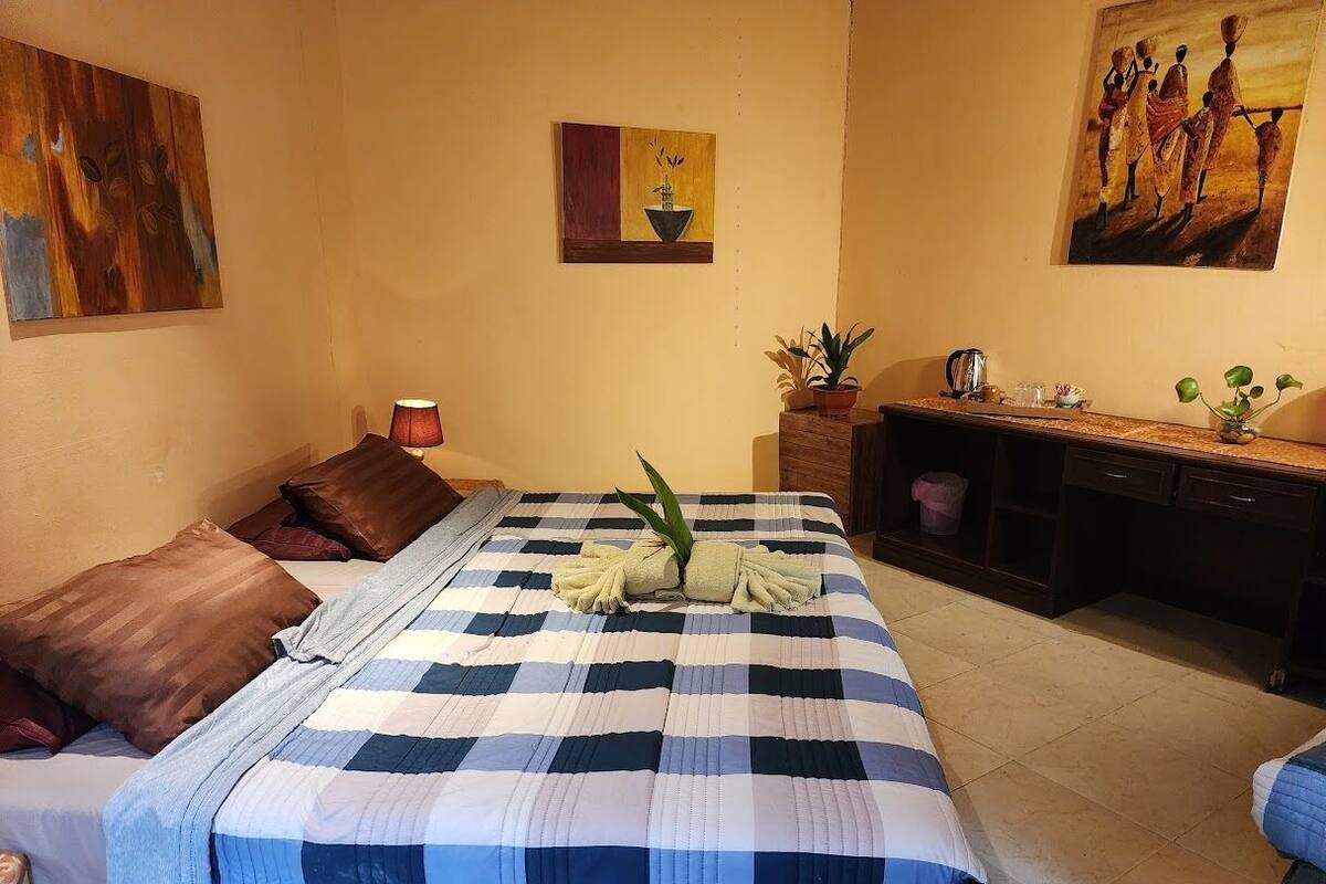 Uma cama bem arrumada com colcha xadrez, arranjo decorativo de almofadas e um pequeno vaso com planta na mesinha de cabeceira.