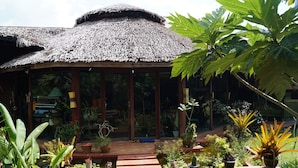 Uma estrutura com telhado de palha e paredes de vidro, cercada por vasos com plantas e um pequeno jardim.