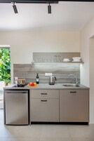 Suite-Estúdio Júnior | Cozinha privada | Um frigorífico, uma placa de cozinha, uma chaleira elétrica 