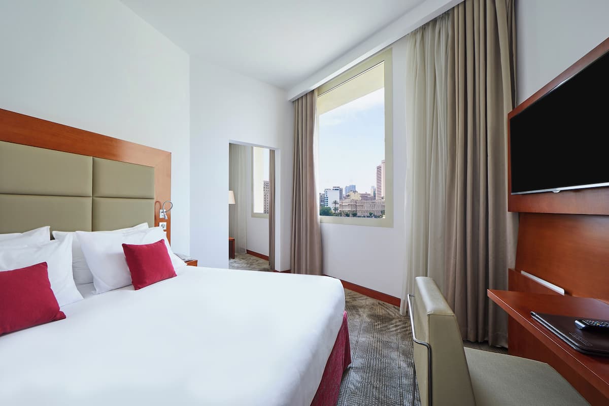 Quarto de hotel com uma cama grande, televisão, escrivaninha e vista da cidade.