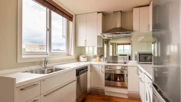 Apartamento, 2 quartos, vista para a montanha (Upstairs) | Cozinha privada | Geladeira grande, micro-ondas, fogão, cooktop