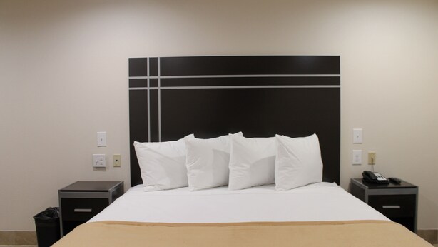 Quarto de hotel com uma cama grande, cabeceira com design geométrico, duas mesas de cabeceira com telefone e luminária, e uma lixeira.