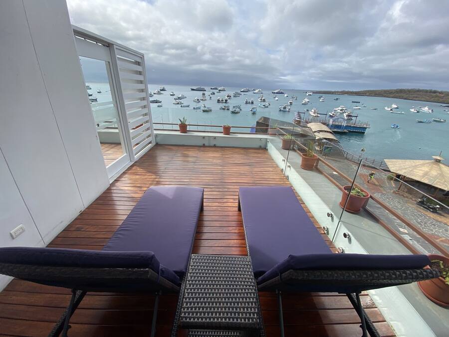 Uma varanda com duas cadeiras de descanso, um deck de madeira, plantas em vasos e vista para um porto com barcos.